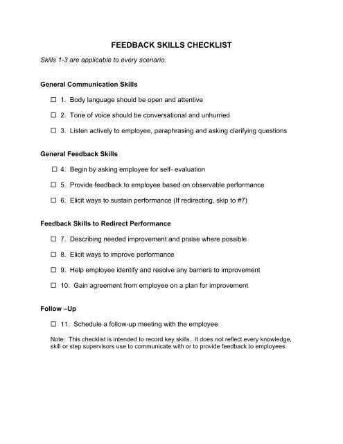 FEEDBACK SKILLS CHECKLIST