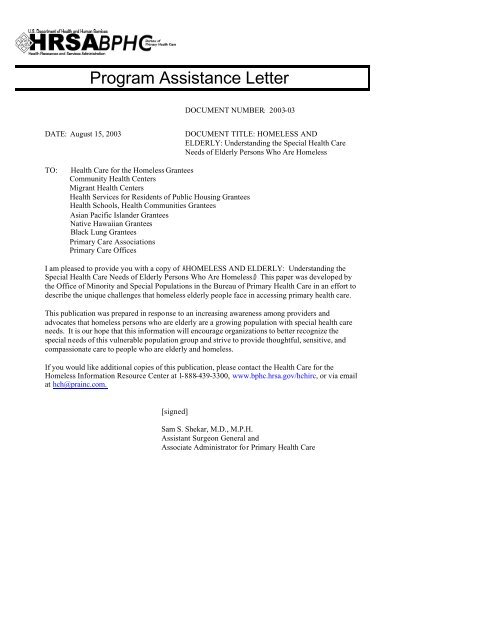 Program Assistance Letter - Bureau of Primary Health Care - HRSA