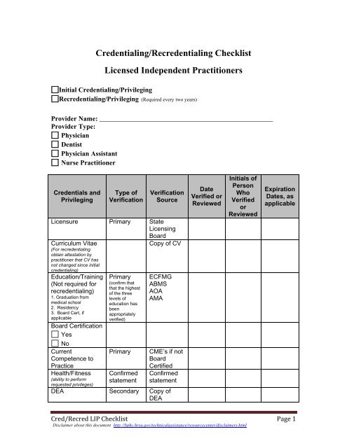 Credentialing Checklist Credentialing Checklist