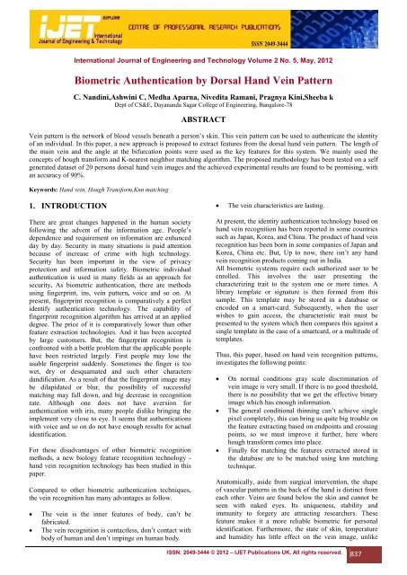 Biometric Authentication by Dorsal Hand Vein Pattern
