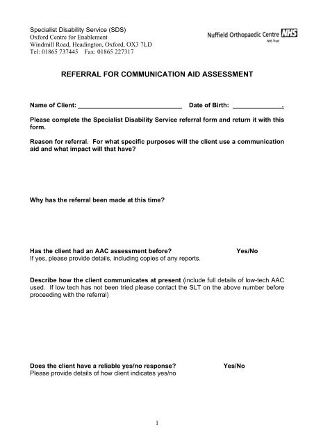 Specialist Disability Services Communication Aid Referral Form