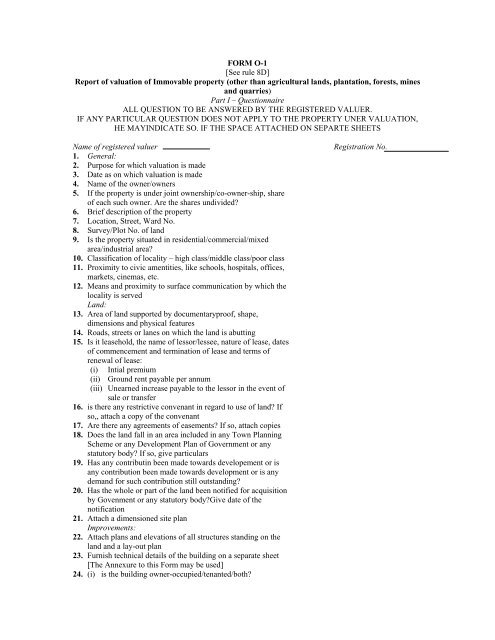 FORM O-1 [See rule 8D] Report of valuation of Immovable property ...