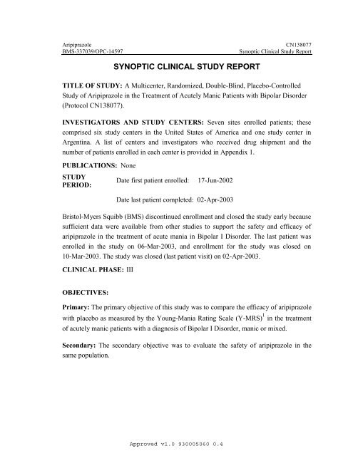 synoptic clinical study report - Clinical Trials - Bristol-Myers Squibb