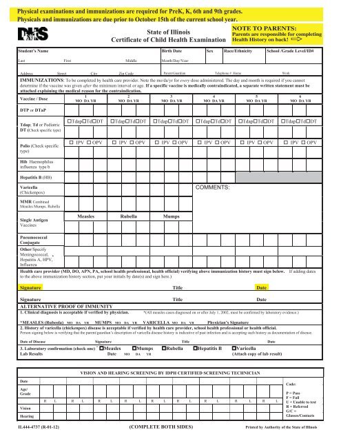 Certificate of Child Health Examination (School Physical Form