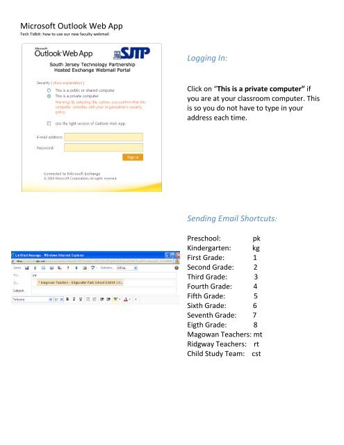 Microsoft Outlook Web App Logging In: Sending Email Shortcuts: