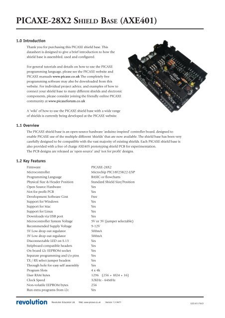 PICAXE-28X2 SHIELD BASE (AXE401)