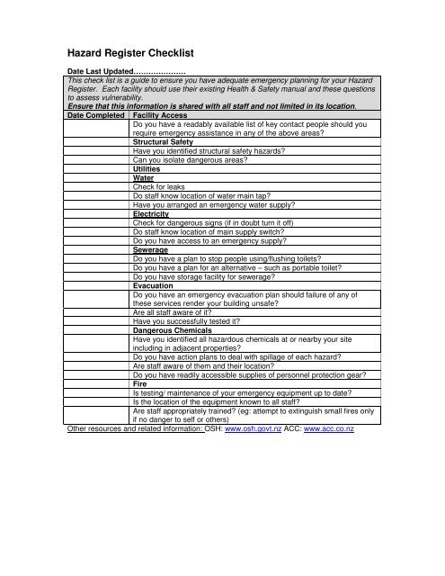 Hazard Register Checklist