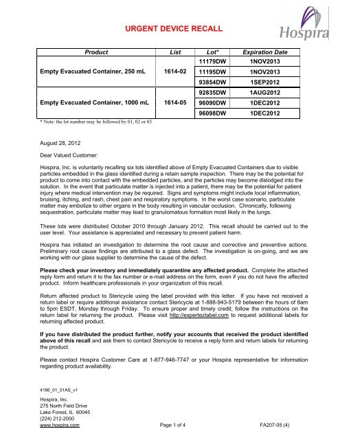Empty Evacuated Containers â 250 mL and 1000 mL - Hospira