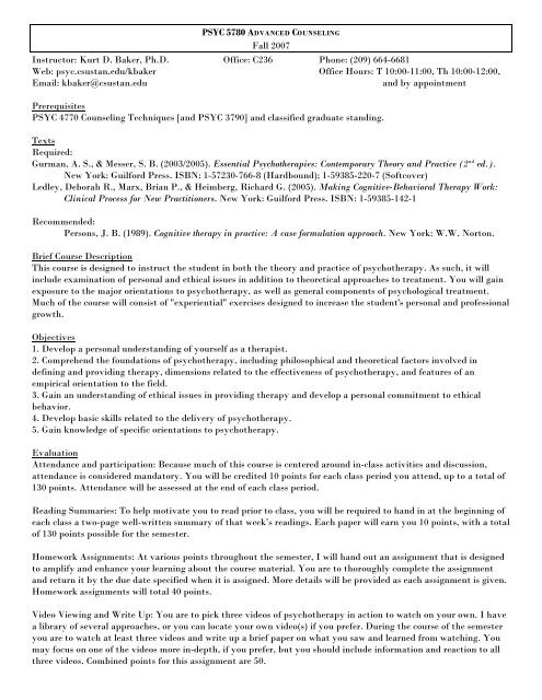 PSYC 5780 A Fall 2007 Instructor: Kurt D. Baker, Ph.D. Office: C236 ...