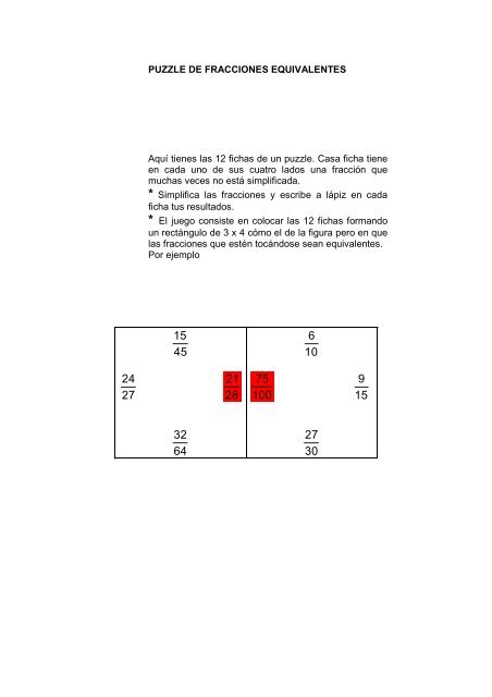 PUZZLE DE FRACCIONES EQUIVALENTES AquÃ­ tienes las 12 ...
