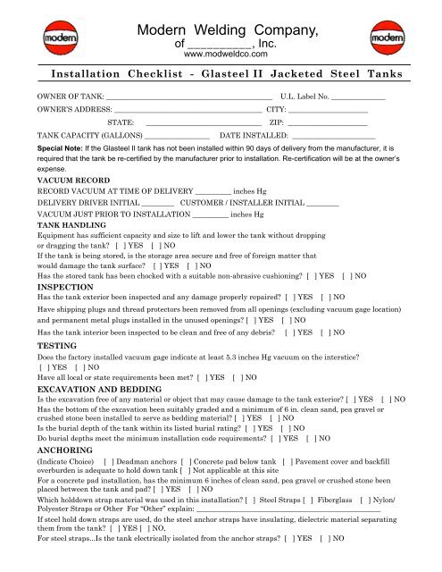 Installation Checklist - Glasteel II Jacketed Steel Tanks - Modern ...