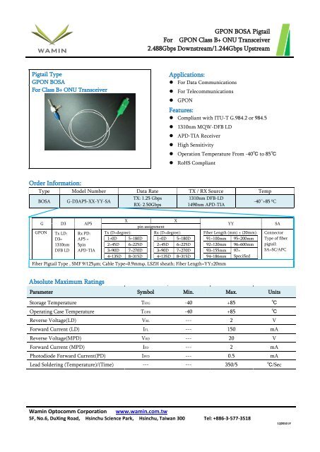 GPON BOSA Pigtail For GPON Class B+ ONU ... - Wamin.com.tw