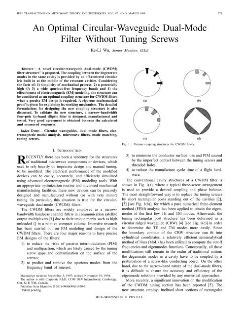An Optimal Circular Waveguide Dual Mode Filter Without Tuning Screws