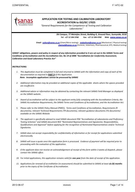APPLICATION FOR TESTING AND CALIBRATION ... - Sanas