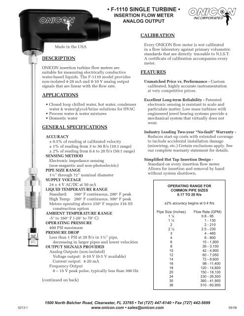 â ¢ F-1110 SINGLE TURBINE â ¢ - Onicon
