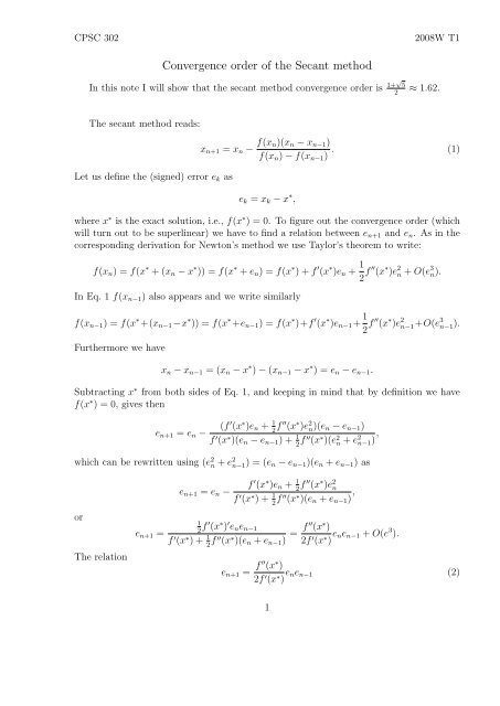 Convergence Order Of The Secant Method Ugrad Cs Ubc Ca