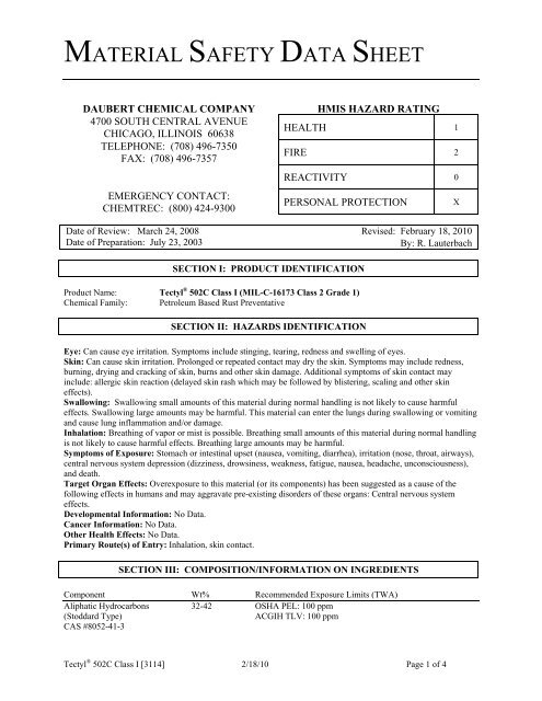 TECTYL 502C CLASS I MSDS - Daubert Chemical Company, Inc.