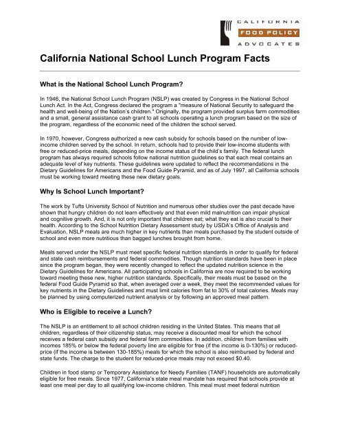 California National School Lunch Program Facts
