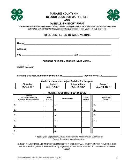 MANATEE COUNTY 4-H RECORD
