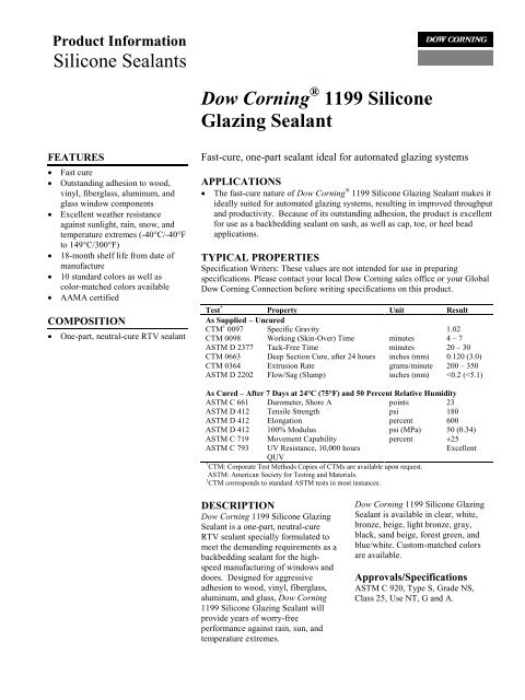 Dow CorningÂ® 1199 Silicone Glazing Sealant - Bonded Materials ...
