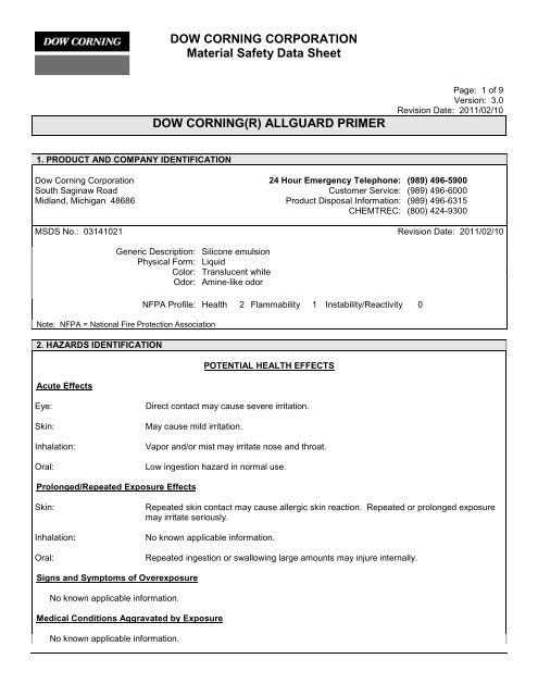 DOW CORNING CORPORATION Material Safety Data Sheet DOW ...