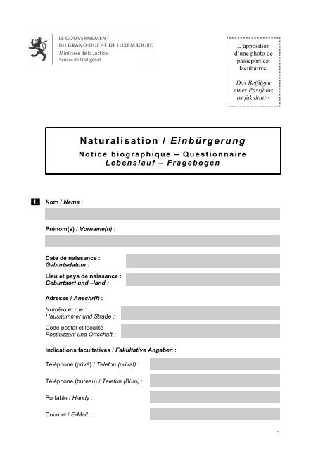 Notice biographique â Questionnaire / Naturalisation