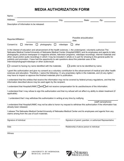 Media Authorization Form (pdf) - UNMC