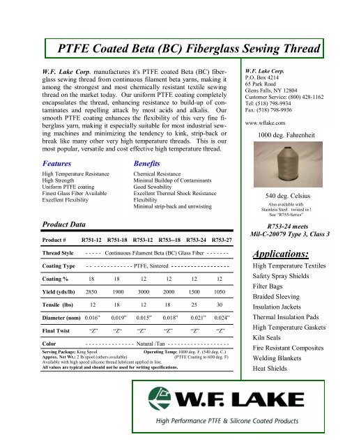 PTFE Coated Beta (BC) Fiberglass Sewing Thread - WF Lake Corp.