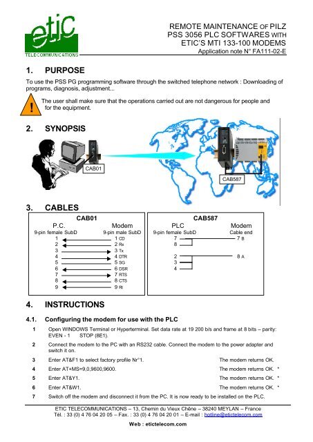 1. purpose 2. synopsis 3. cables 4. instructions - Etic Telecom