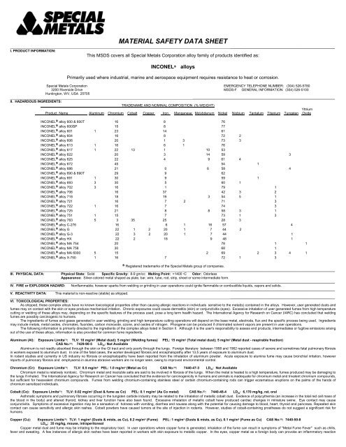 MATERIAL SAFETY DATA SHEET - Special Metals Corporation