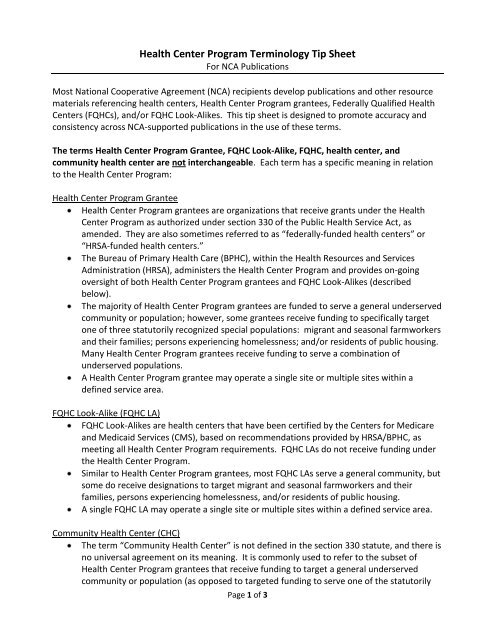 Health Center Terminology Tip Sheet - Bureau of Primary Health Care