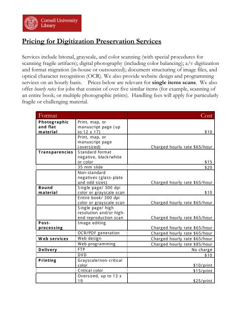 Digitization price list - Digital Consulting and Production Services