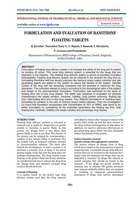 Formulation And Evaluation Of Ranitidine Floating Tablets Ijpcbs