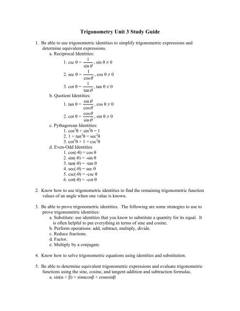 Math 1201: Pre-Calculus Unit 1 Study Guide