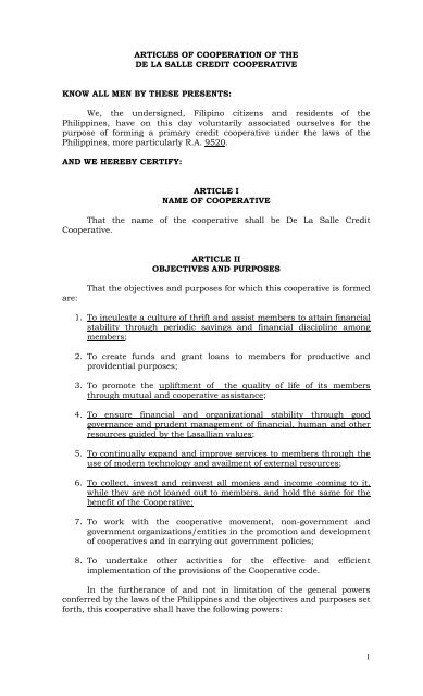 Articles of Cooperation of the De La Salle Cooperative