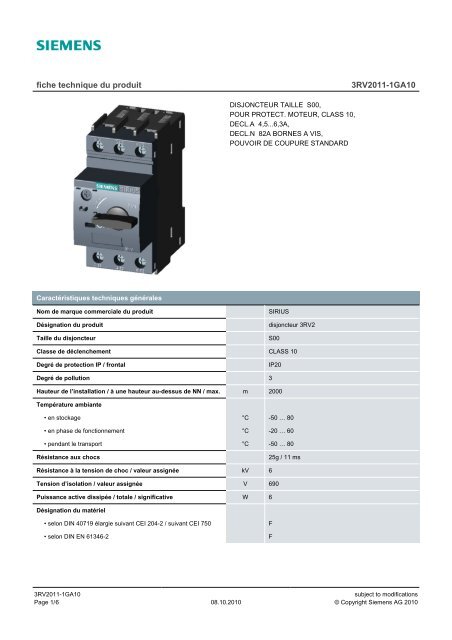 Product data sheet 3RV2011-1GA10 - TracePartsOnline.net