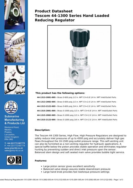 Tescom 44-1300 Series Hand Loaded Reducing Regulator
