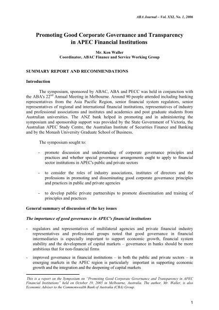 Promoting Good Corporate Governance and Transparency in APEC ...