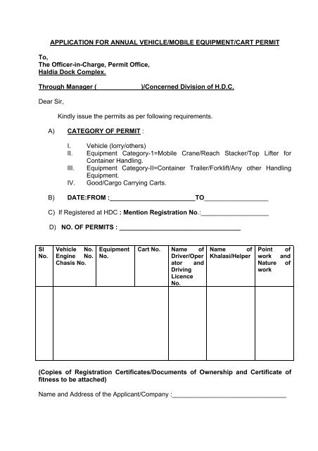 Application for Annual Vehicle Permit etc. - Haldia Dock Complex