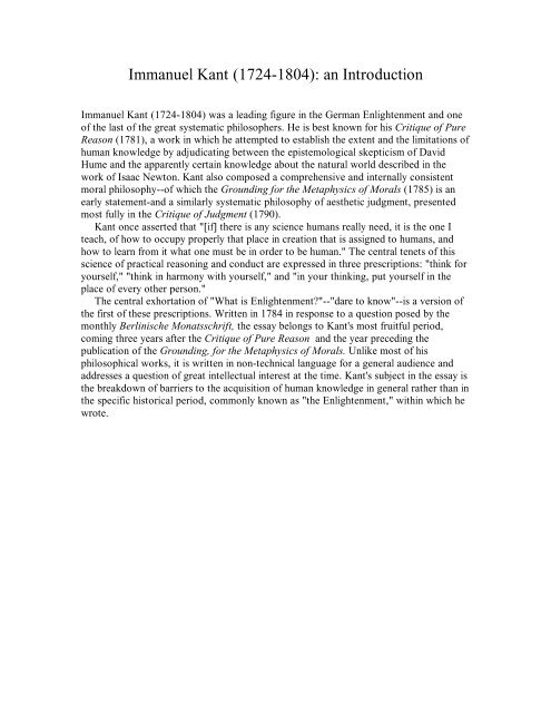 Immanuel Kant (1724-1804): an Introduction - Columbia College