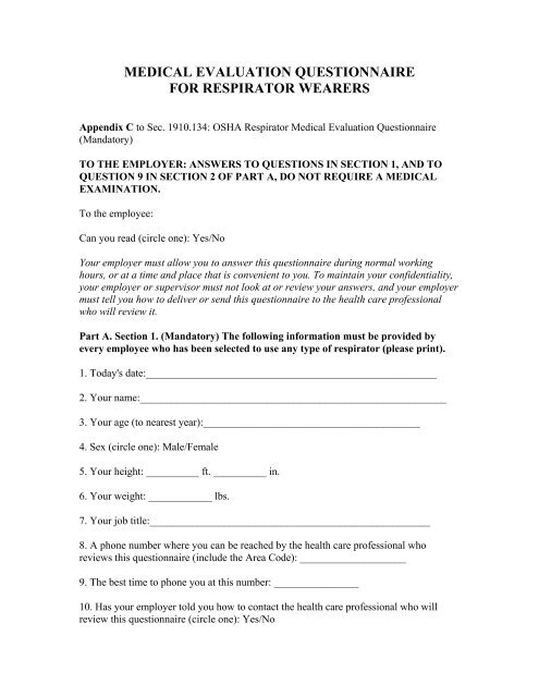 medical evaluation questionnaire for respirator wearers