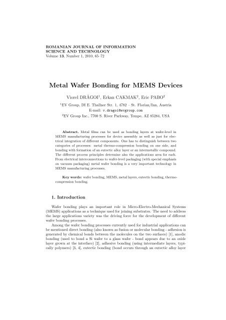 Metal Wafer Bonding for MEMS Devices - IMT