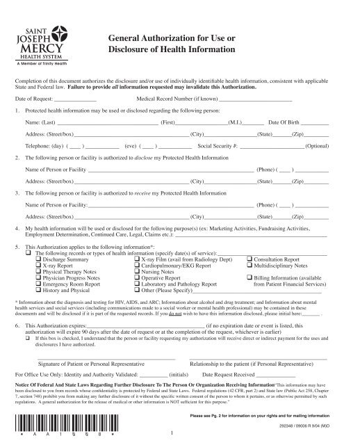 General Authorization for Use or Disclosure of Health Information