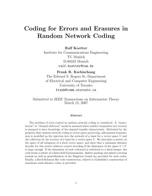Coding For Errors And Erasures In Random Network Coding 6552