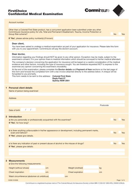 Medical examination report - Colonial First State
