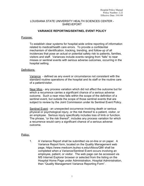 Variance Reporting sentinel Event Policy LSUHSC Medical 