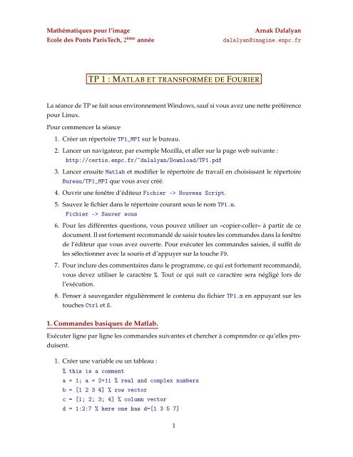TP1:MATLAB ET TRANSFORMÃ E DE FOURIER 1 ... - imagine - ENPC