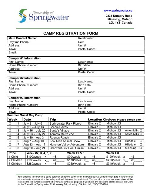 CAMP REGISTRATION FORM - Township of Springwater