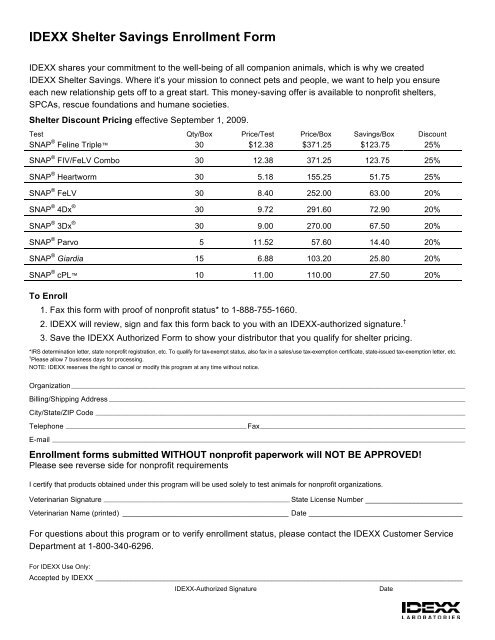 IDEXX Shelter Savings Enrollment Form - Wendy Blount, DVM
