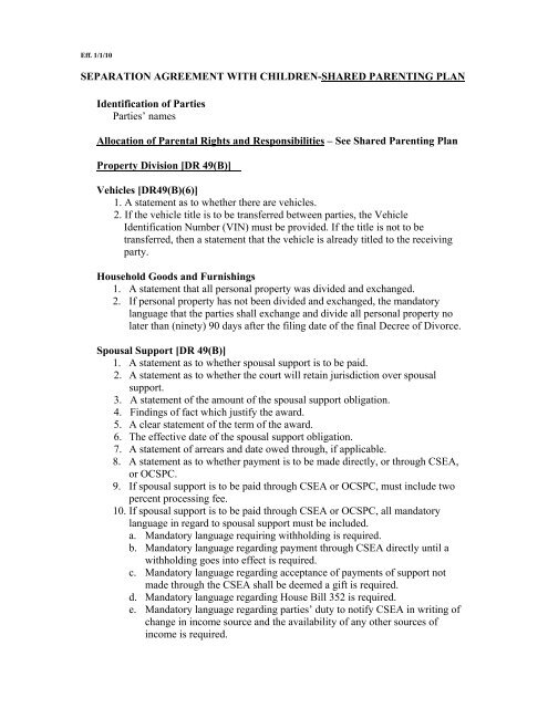 Separation Agreement with Children-Shared Parenting Plan Checklist